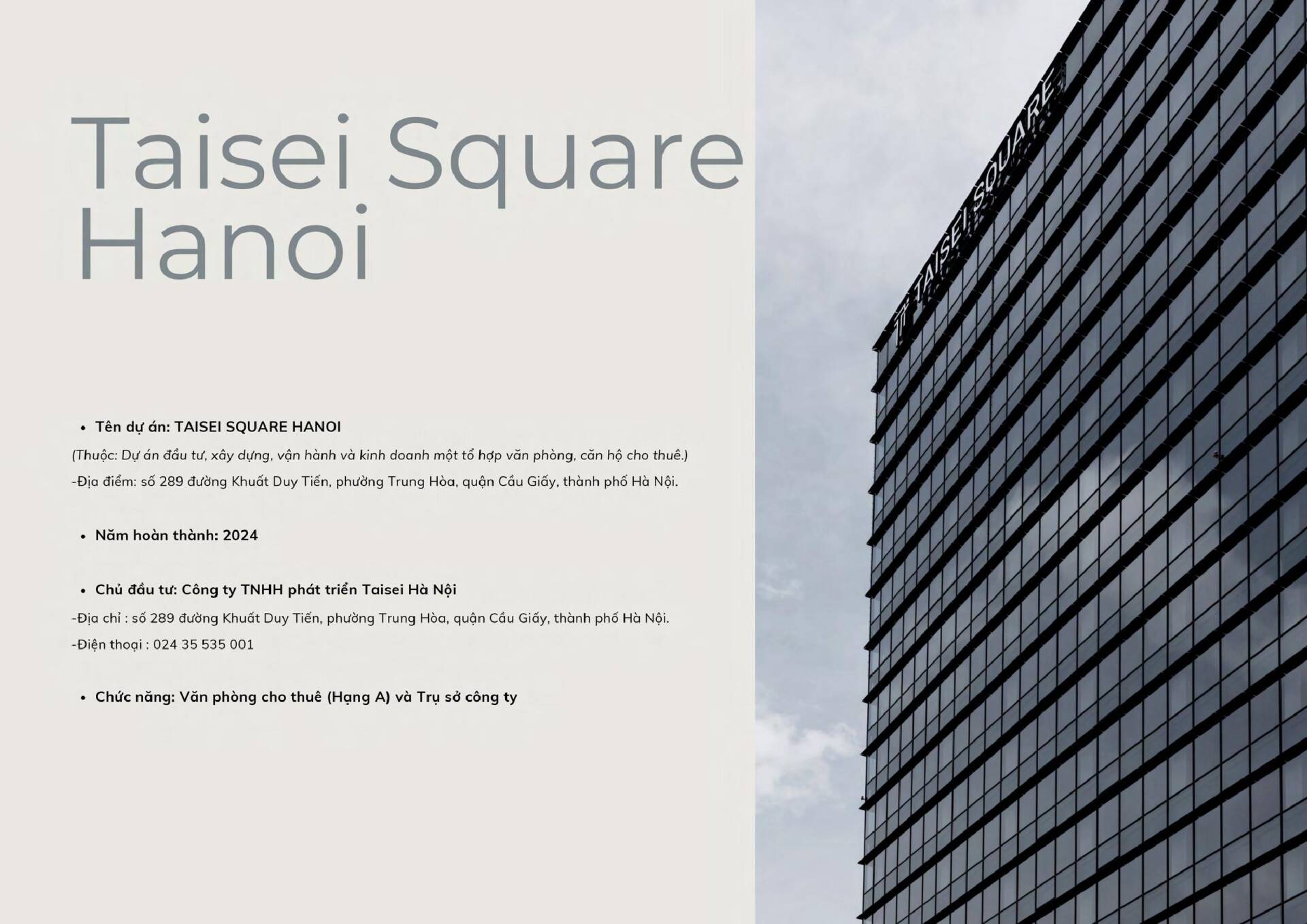 Taisei Square Hanoi: Biểu tượng văn phòng hiện đại tại trung tâm Hà Nội